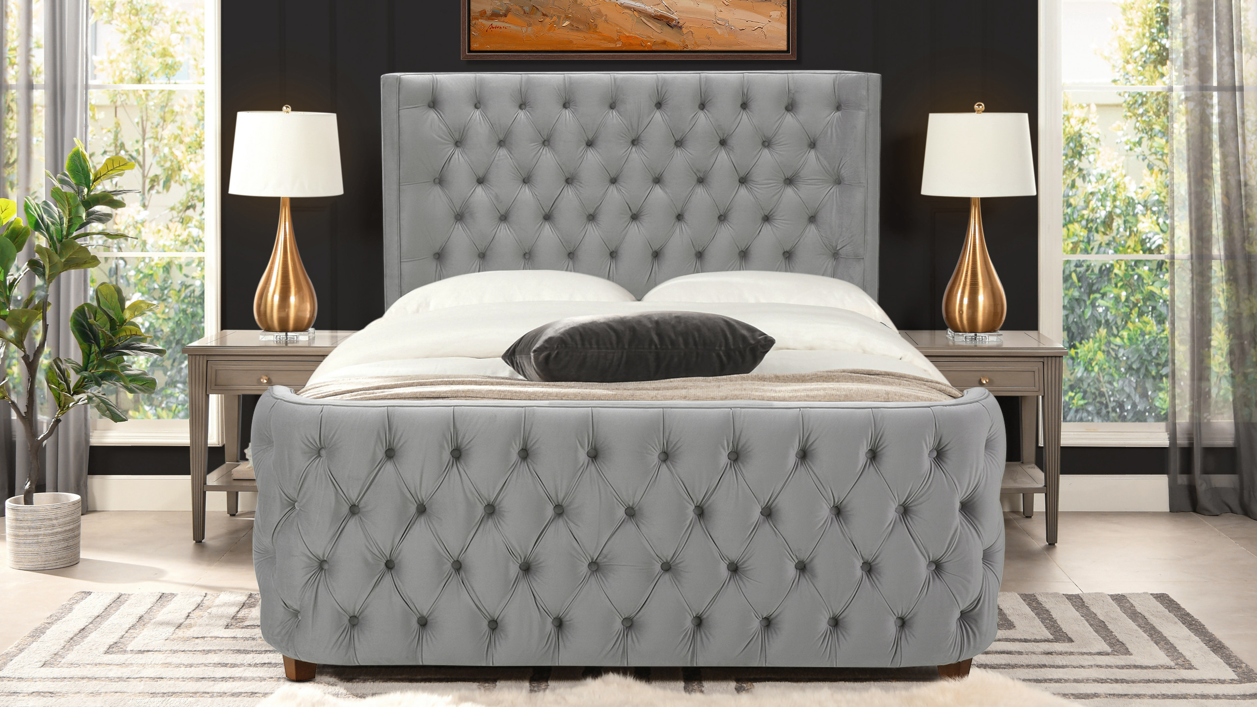 Brooklyn Queen Tufted Panel Bed Headboard and Footboard Set, Opal Grey ...