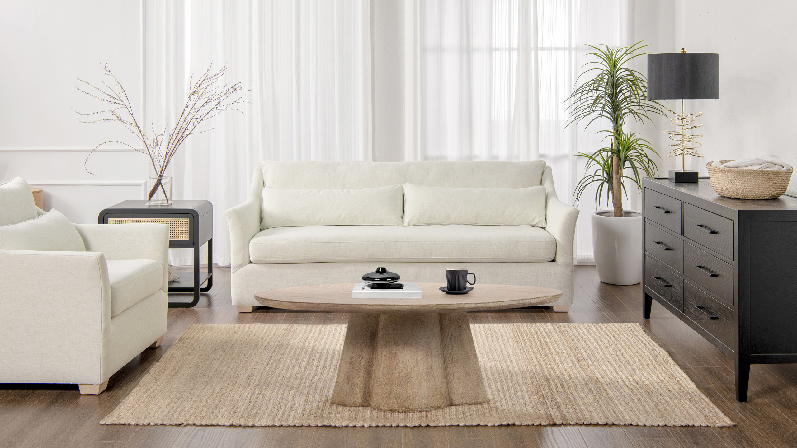 Ada 83" Flared Arm Contemporary Sofa with Lumbar Pillows, Flax White ...