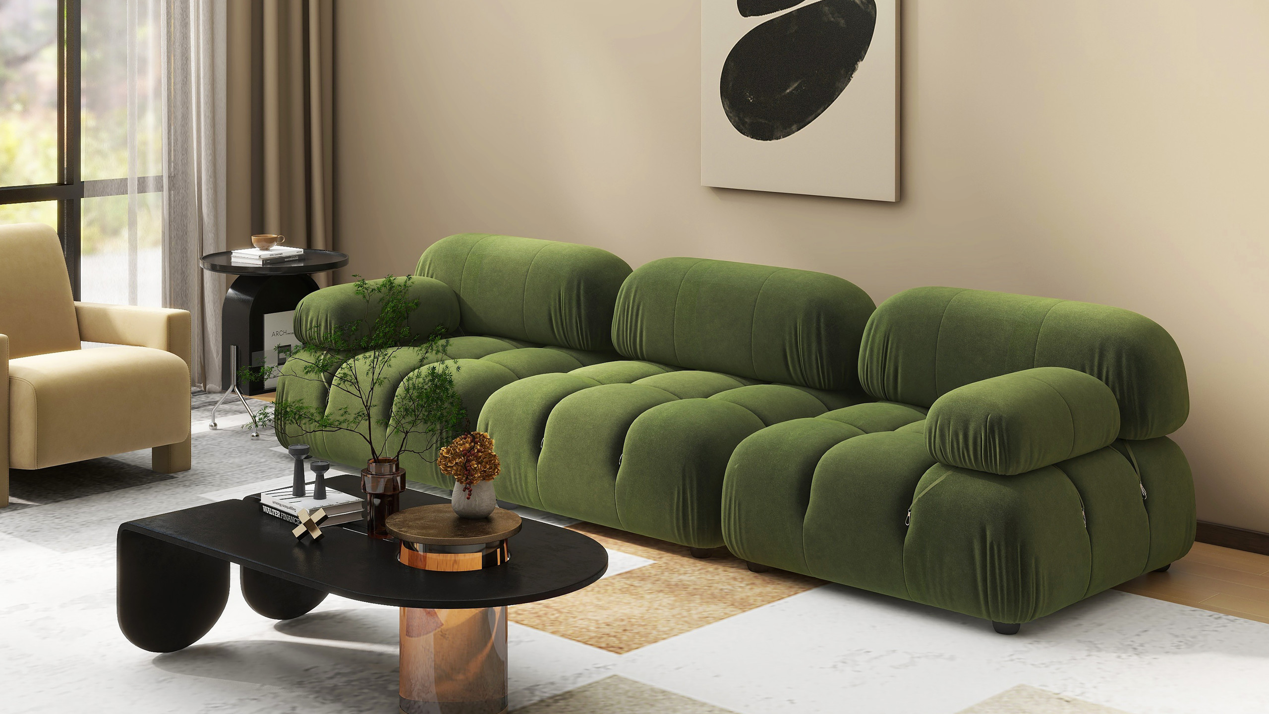Marcel 109.5" Bubble Modular Modern 3-Piece Sofa, Olive Green ...