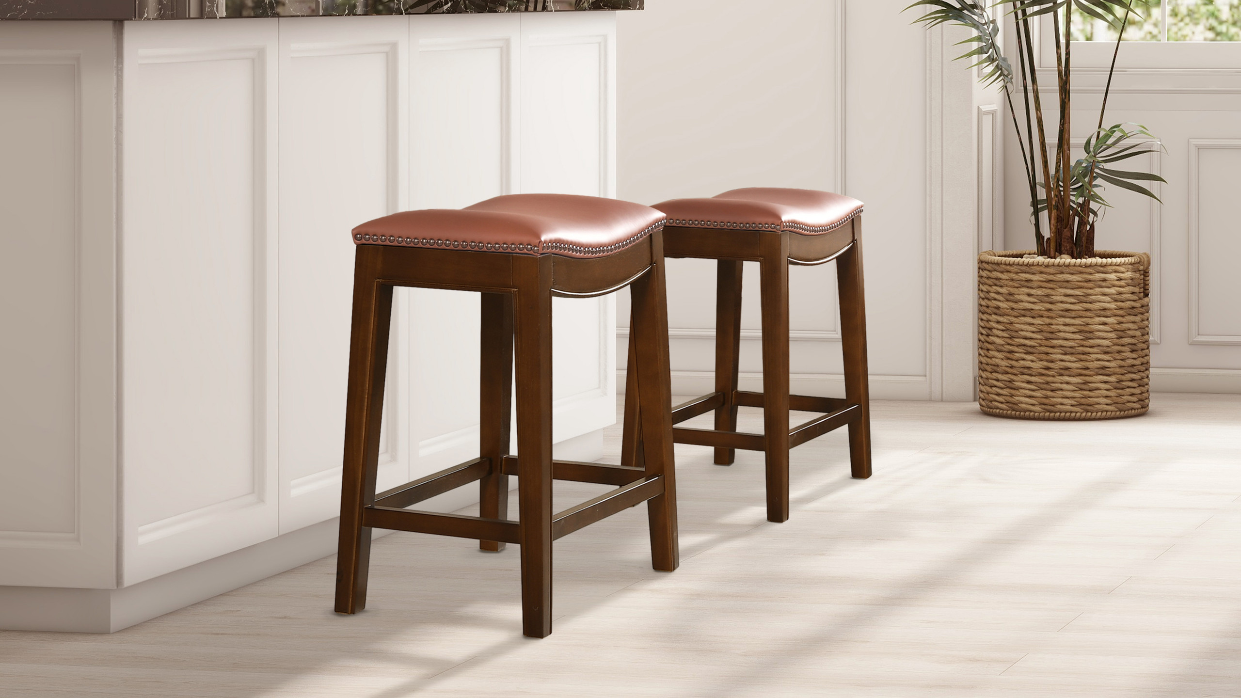 Barlow 24.5" Top Grain Leather Backless Saddle Counter Stool, Bourbon ...