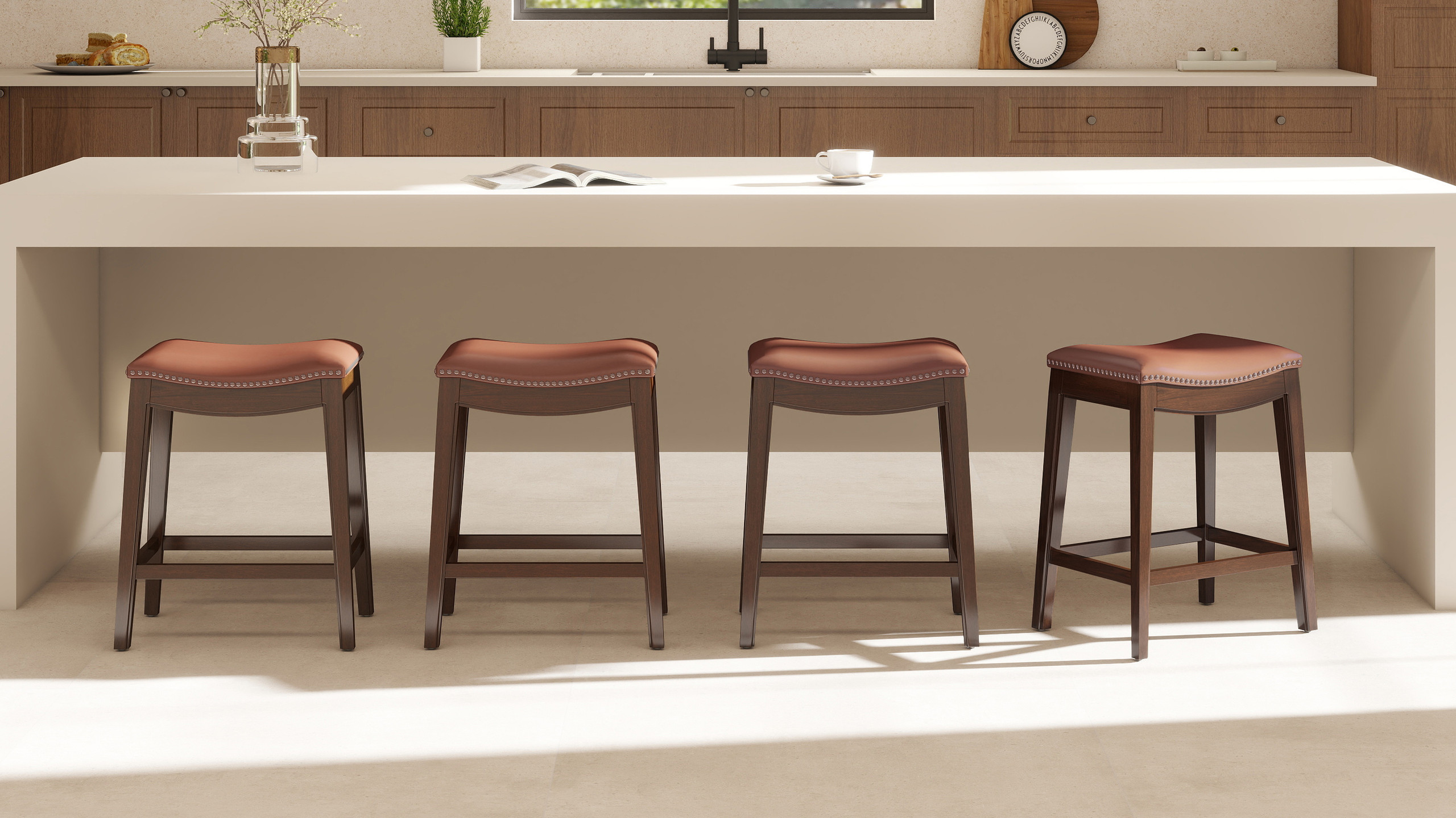 Barlow 24.5" Top Grain Leather Backless Saddle Counter Stool, Bourbon ...