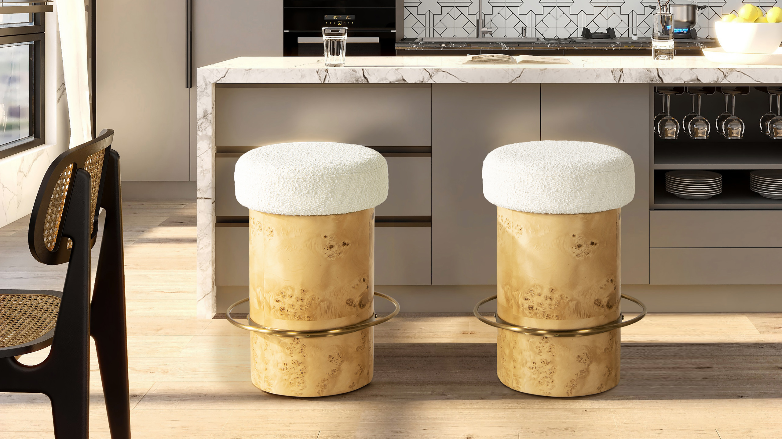 Nebula 26" Backless Round Upholstered Counter Stool with Burl Wood ...