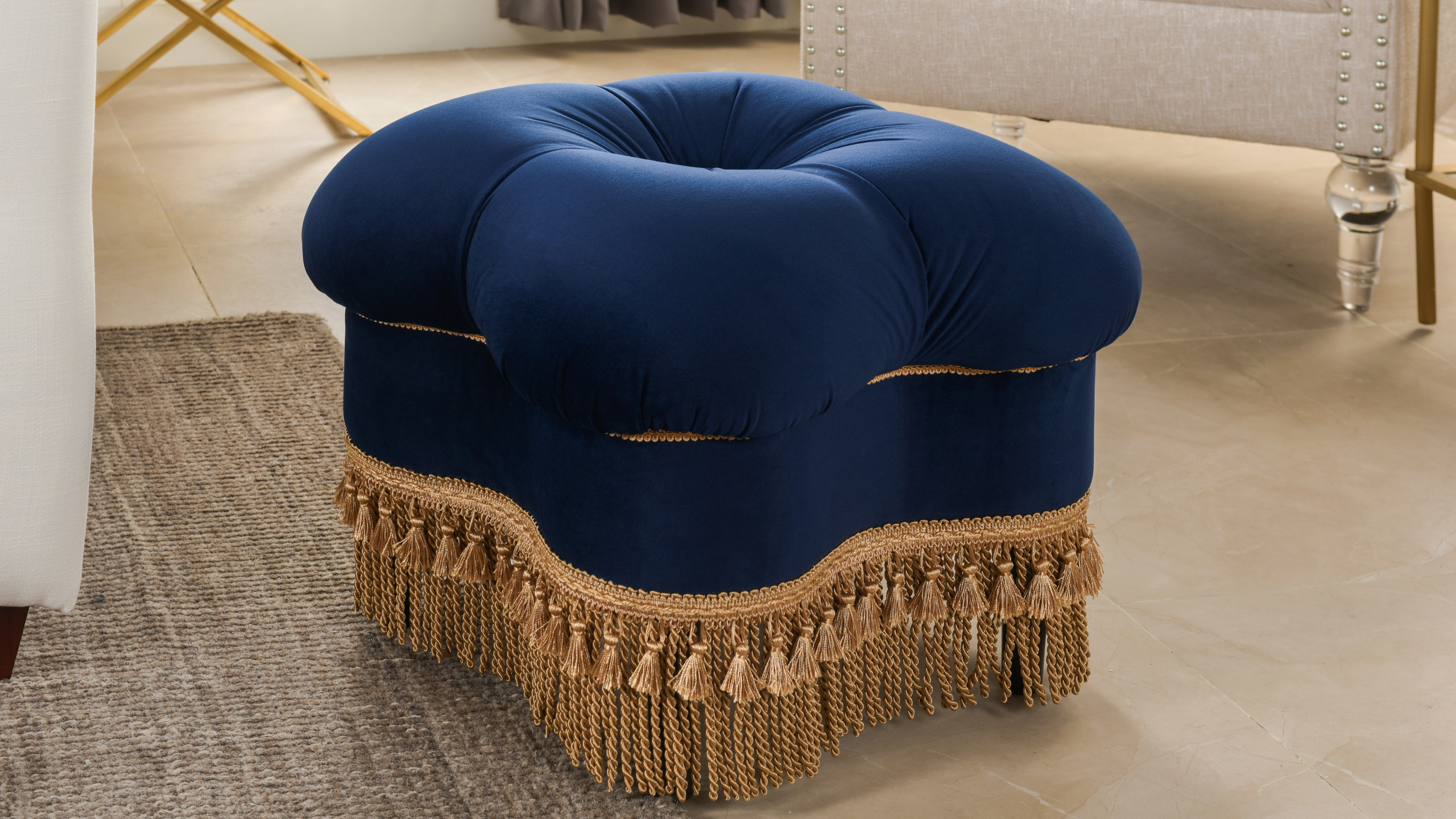 Ellen Upholstered Clover Ottoman with Gold Bullion Fringe, Navy Blue ...