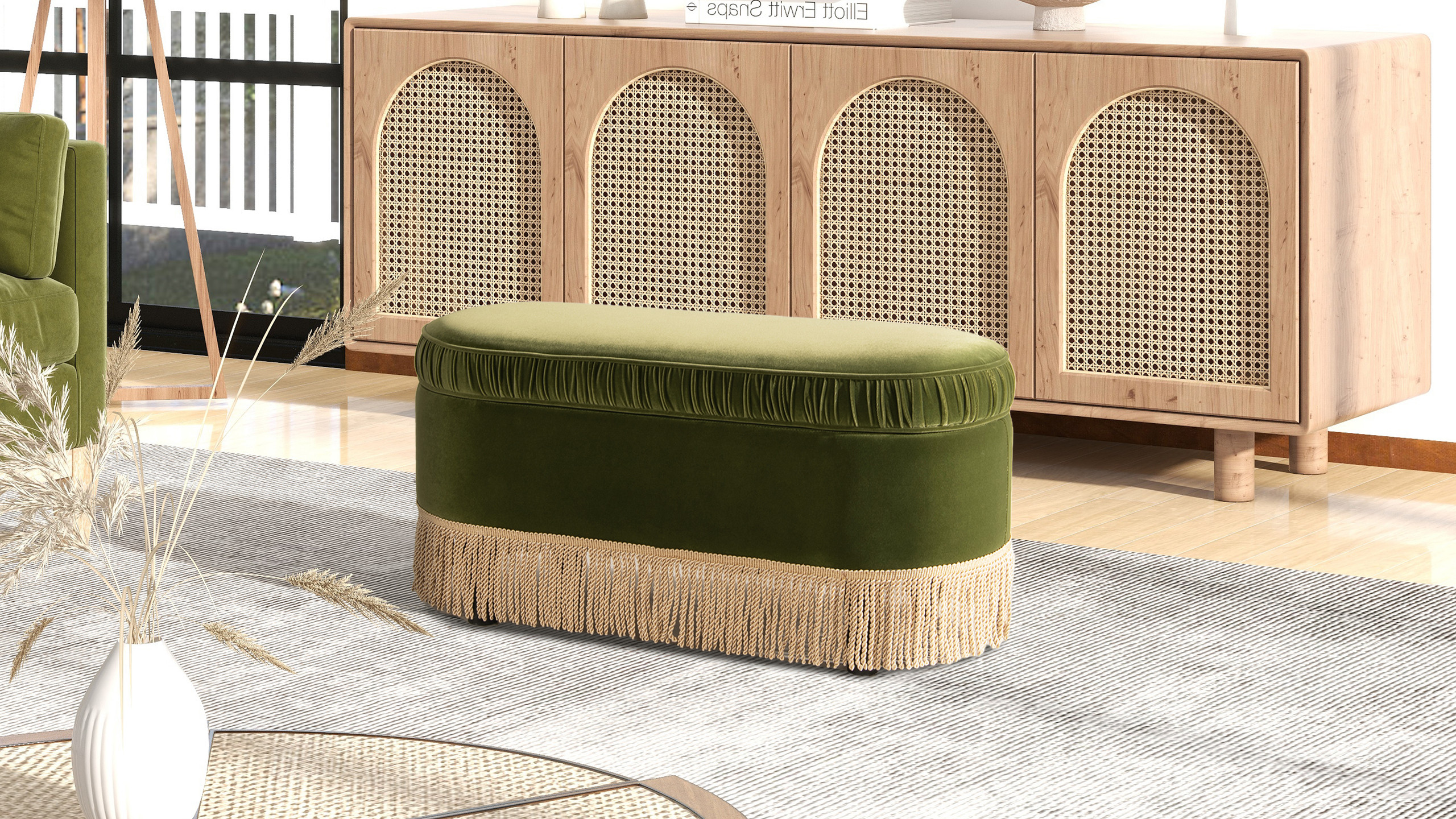 Serena 38" Oval Storage Bench Ottoman, Olive Green - Jennifer Taylor Home