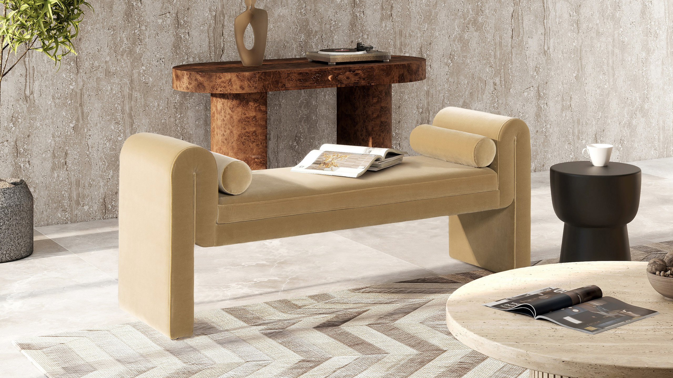 Mason 60.5" Arched Arm Bench with Bolster Pillows, Camel Brown Beige ...