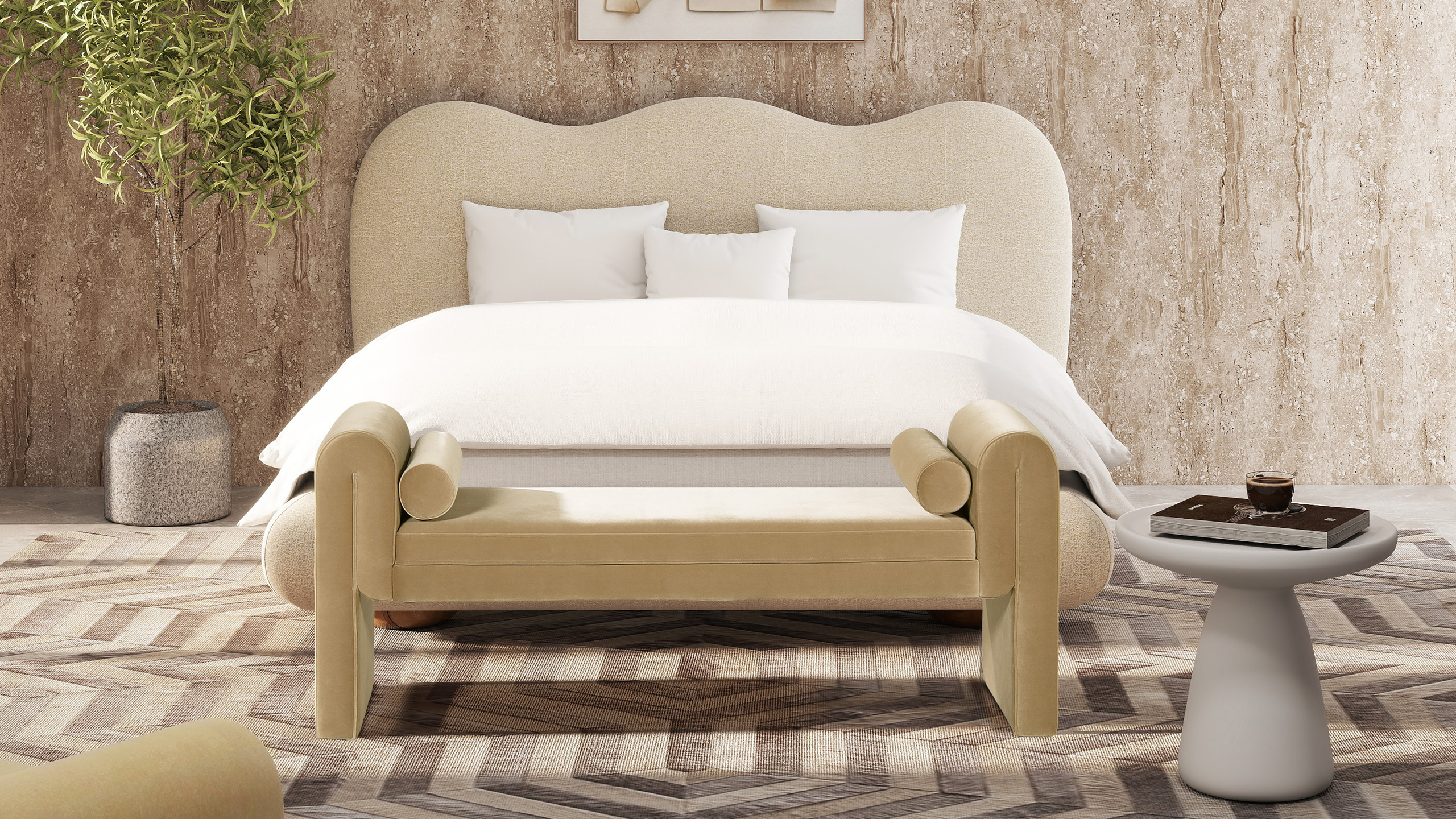 Mason 60.5" Arched Arm Bench with Bolster Pillows, Camel Brown Beige ...