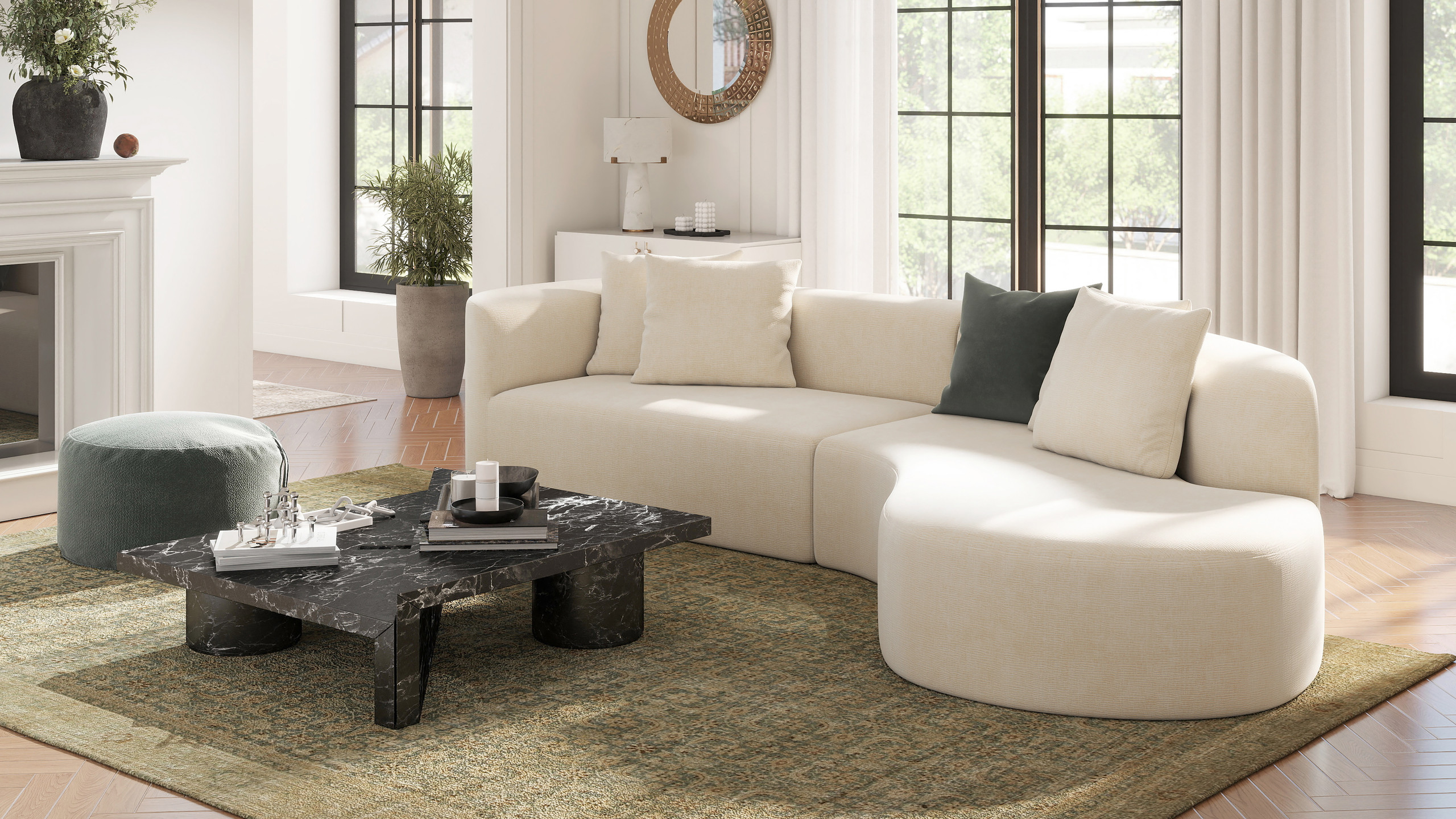 Mallory 134.5" Sofa-in-a-Box RAF Curved Sectional Sofa, Porcelain Light ...