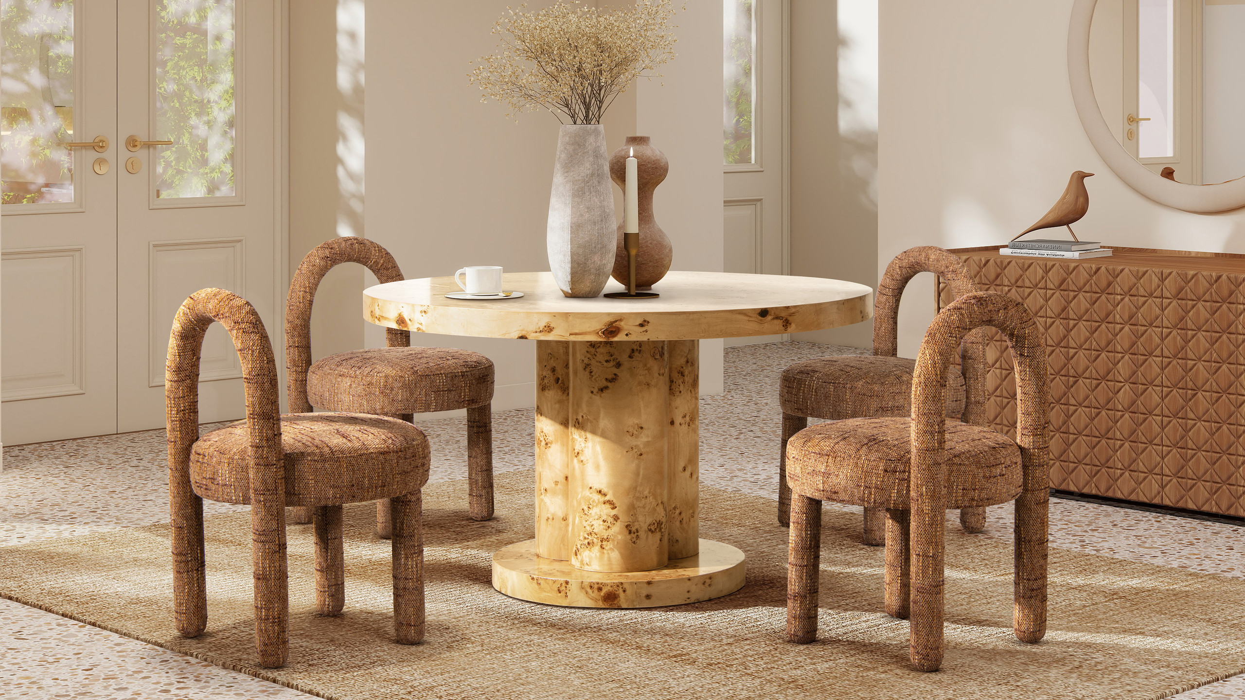 Nebula 51" 5-6 Seater Round Burl Wood Pillar Dining Table, Warm Natural ...