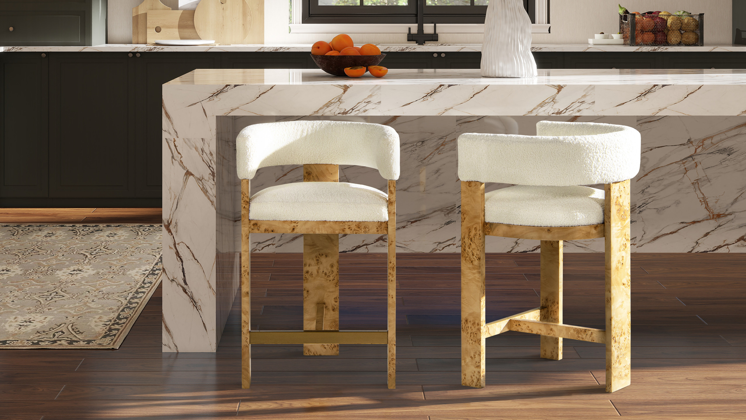 Vavona 26.5" Burl Wood Upholstered Barrel Back Counter Height Bar Stool ...