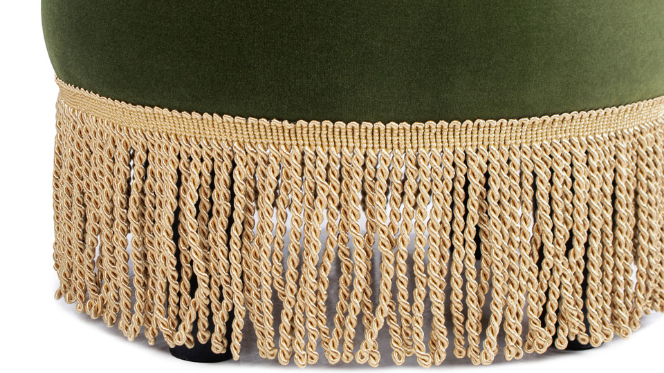 Edward 17.5" Round Upholstered Ottoman with Bullion Fringe, Olive Green ...
