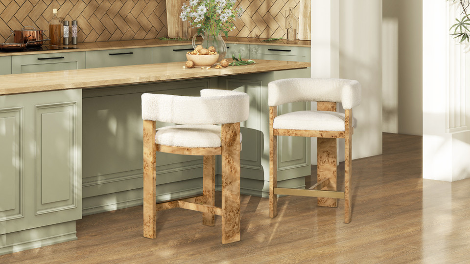 Vavona 26.5" Burl Wood Upholstered Barrel Back Counter Height Bar Stool ...