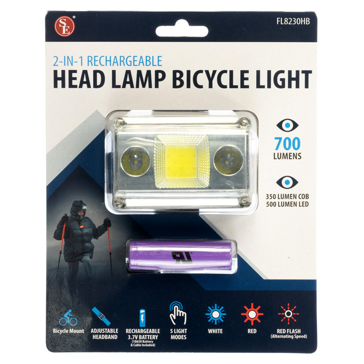2-In-1 Rechargeable Head Lamp Bicycle Light 700 Lumen COB LED ...