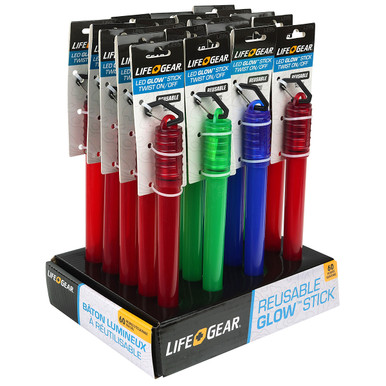 Pack of 20 LifeGear LED Reusable Glow Sticks - 60 hour - Red, Green Blue