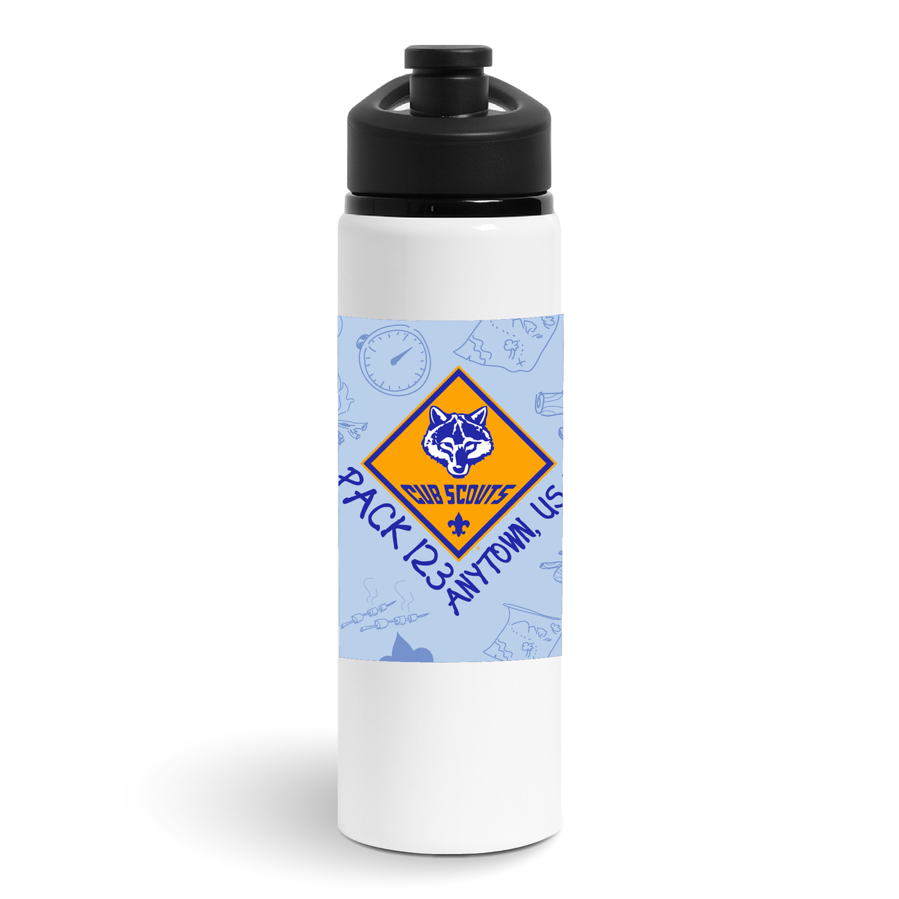 Cub Scout Water Bottle - Cub Scout Pack Camp Doodle - 20 oz Steel