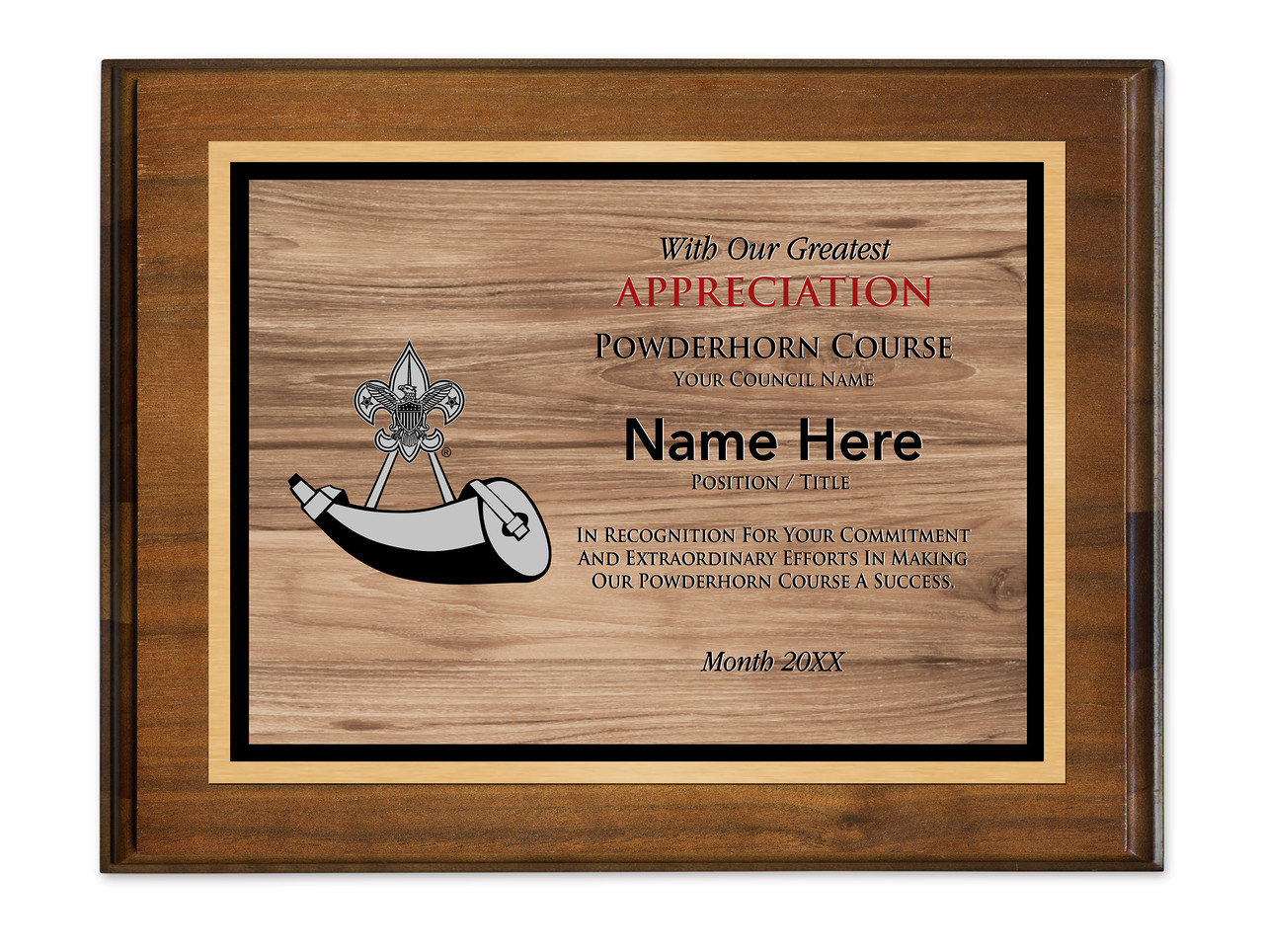 Powder Horn Plaque - Wood Grain Design - Horizontal