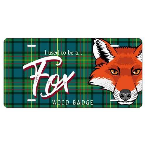 License Plate Wood Badge Tartan Pattern With Fox Design