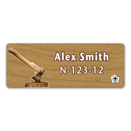 Custom Wood Badge Axe Name Tag - Brown Wood Axe Magnetic 1x3 ...