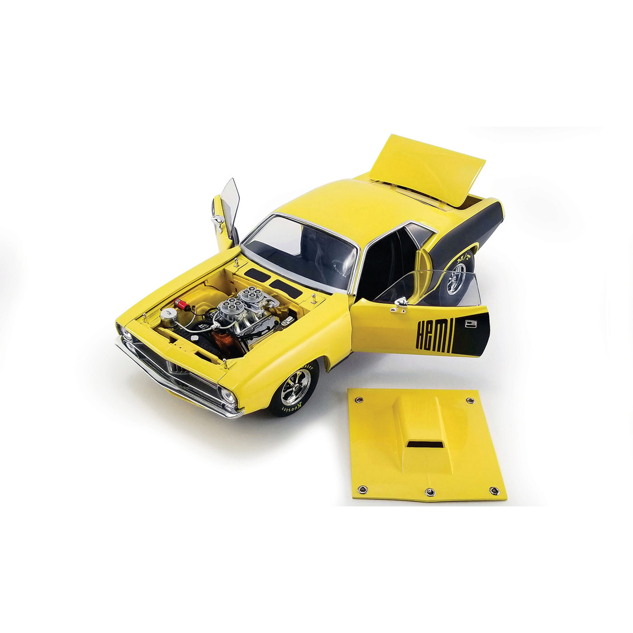1972 Plymouth Cuda Drag Car Custom Yellow With HEMI Billboards 1 18 1972-plymouth-cuda-drag-car-custom-yellow-with-hemi-billboards-1-18