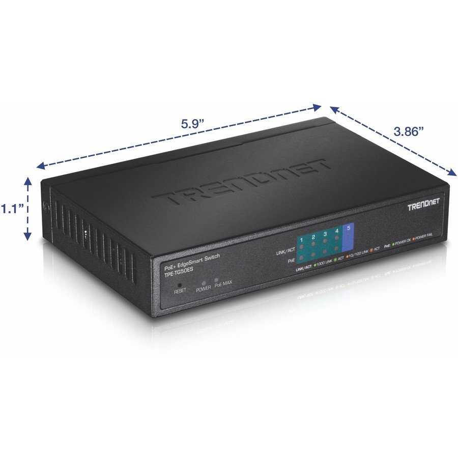 TRENDnet 5-Port Gigabit EdgeSmart PoE+ Switch, 4 x Gigabit PoE+ Ports ...