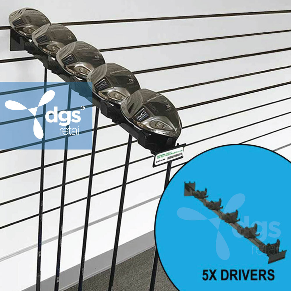 ClubExhibit Elite™: Premier 5-Club Golf Display Rack for Modern Golf Shops