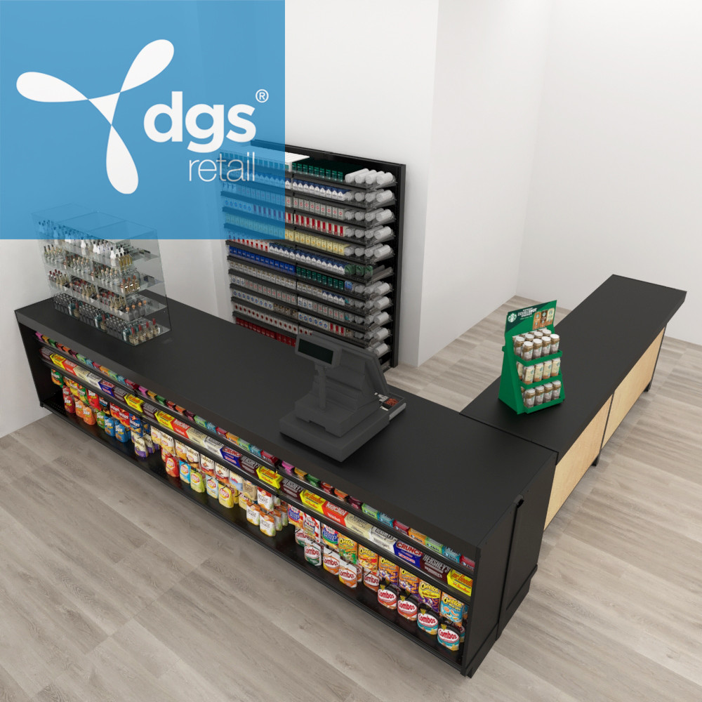 Wood Lozier L-Shaped Checkout Counter with 24 Shelves | DGS Retail