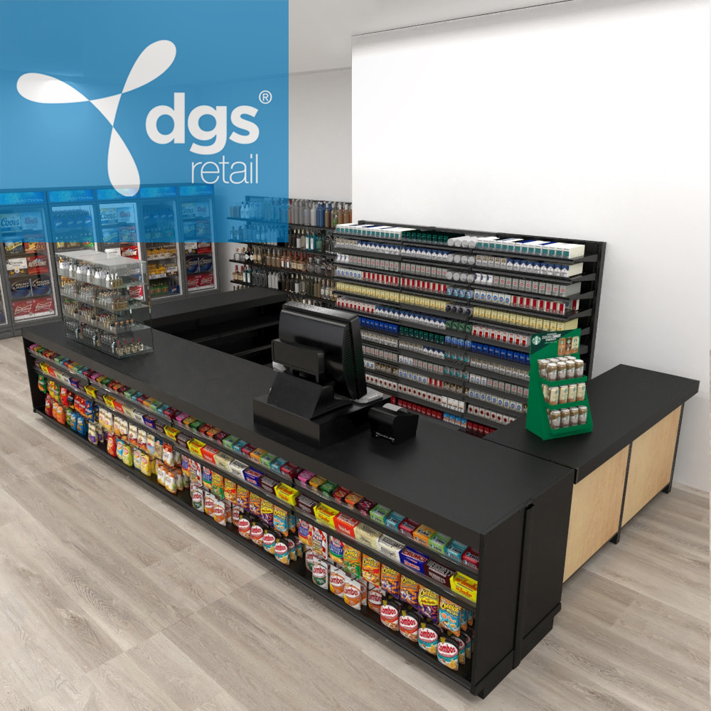 Wood Lozier U-Shaped Checkout Counter with 30 Shelves | DGS Retail