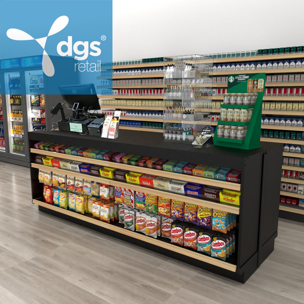 Double-Sided Lozier Checkout Counter With Shelves On Sale | DGS Retail