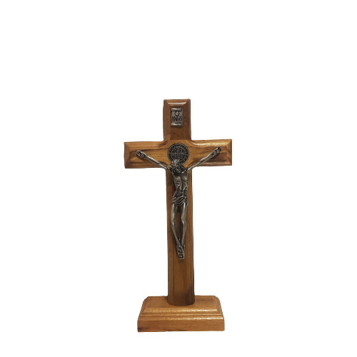Crucifix: St Benedict Medal on Stand Silver (17cm.) - The Square Gift Store