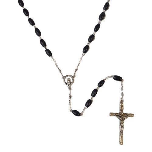Rosary: Black Wood Oval Beads on Long Chain - The Square Gift Store