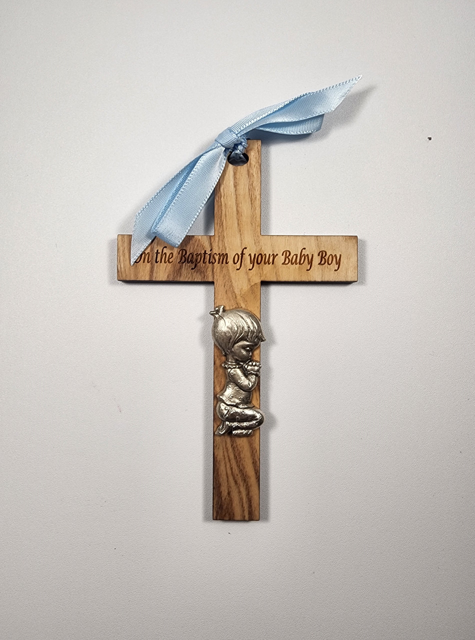 Olive Wood Baptism Cross Baby Boy Praying - The Square Gift Store