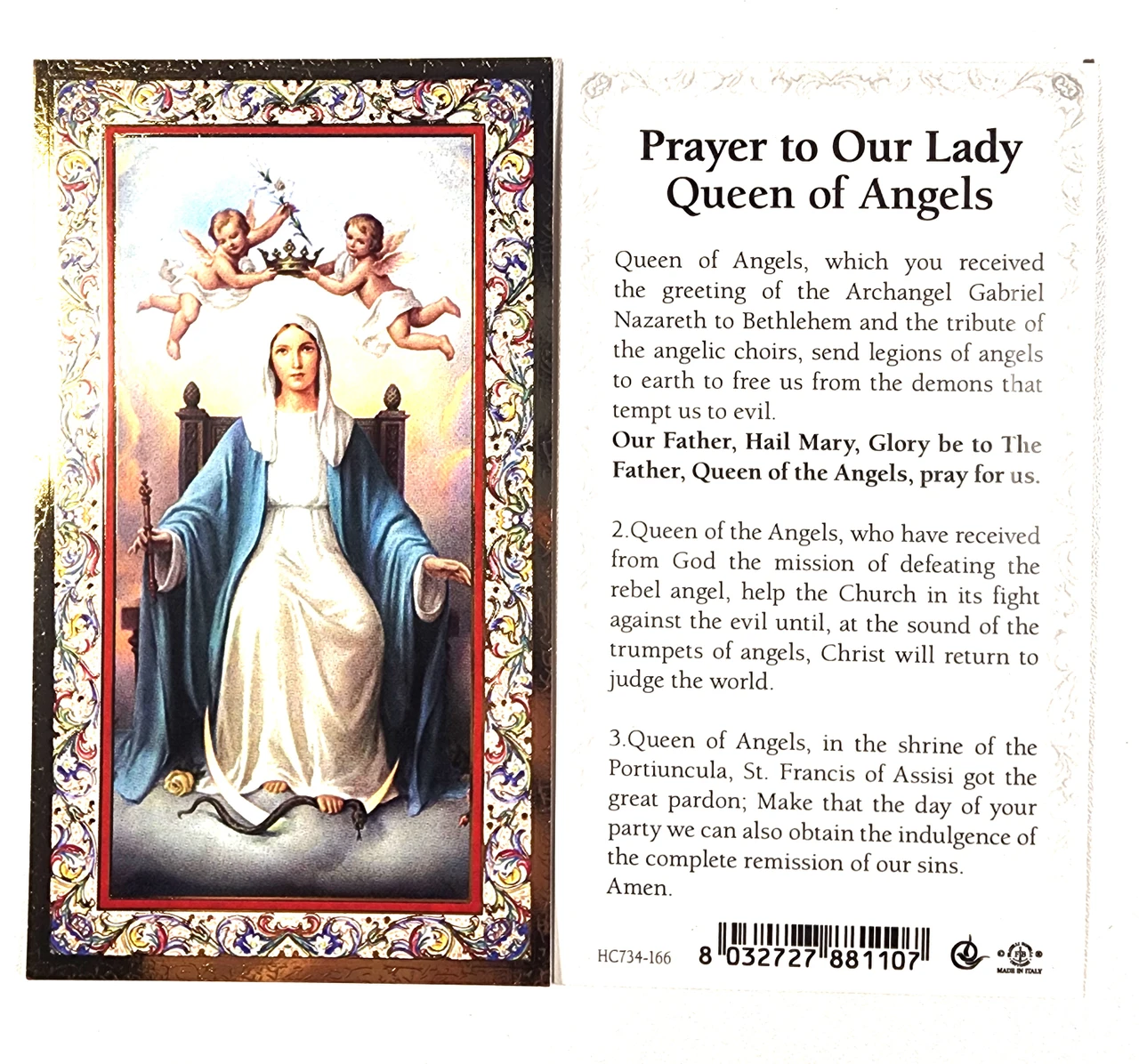 Holy Prayer Card Our Lady Queen of Angels - The Square Gift Store