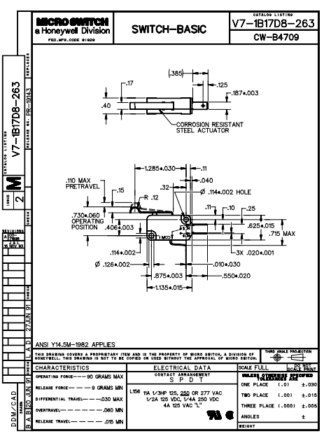 Honeywell V7-1B17D8-263 Micro Switch