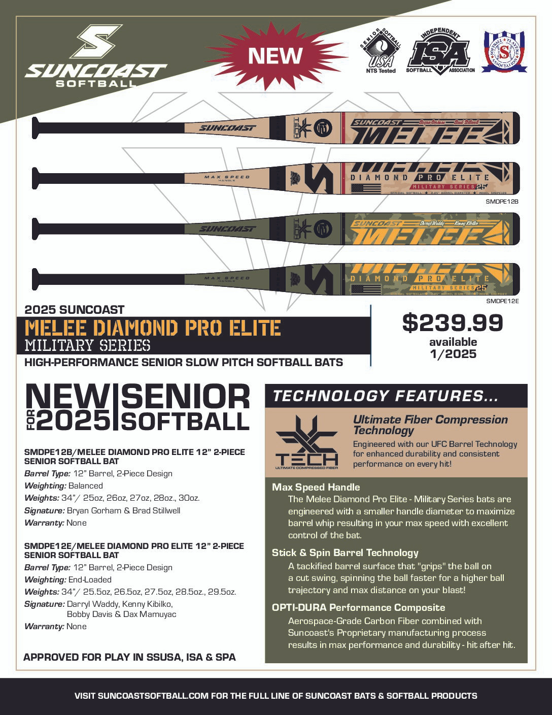 Shaved - Rolled 2025 SUNCOAST MELEE DIAMOND PRO ELITE 12” BALANCED – MILITARY SERIES 2-PIECE ...