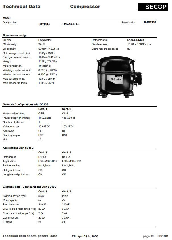 Secop Refrigeration Compressor 1/2HP | McCombs Supply Co | SC15G
