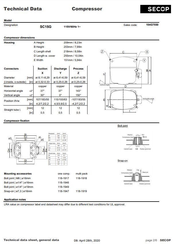 Secop Refrigeration Compressor 1/2HP | McCombs Supply Co | SC15G