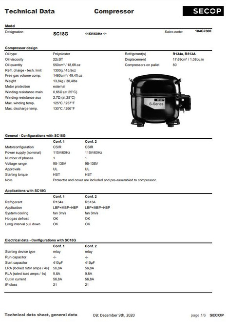 Secop Refrigeration Compressor 1/2+HP | McCombs Supply Co | SC18G