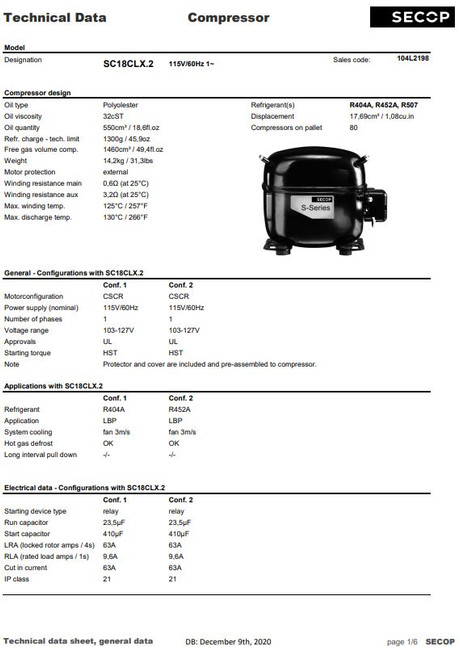 Secop Refrigeration Compressor 3/4HP | McCombs Supply Co | SC18CLX.2