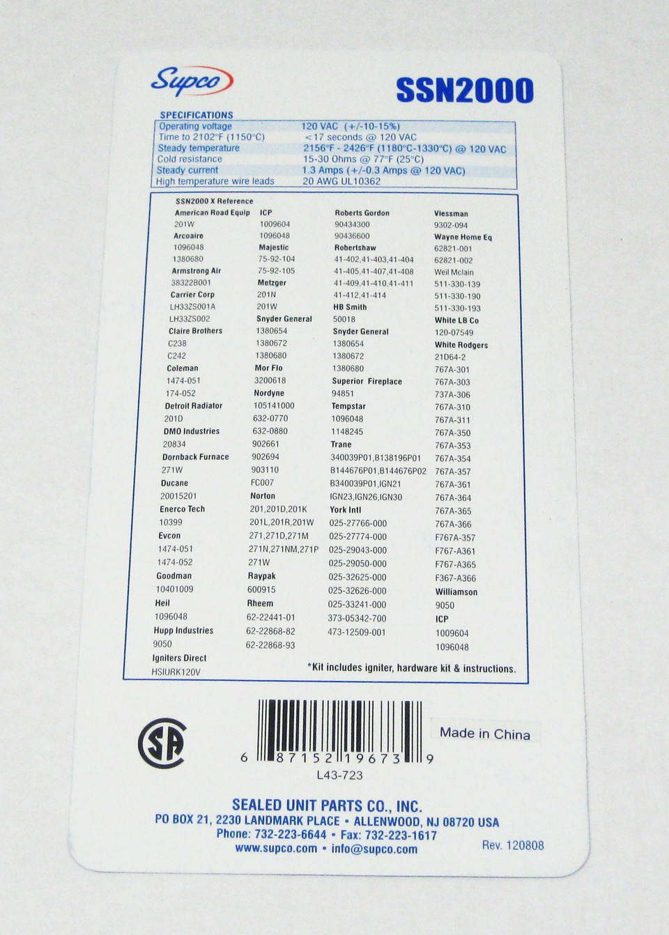 Supco SiNi Universal Furnace Igniter | McCombs Supply Co | SSN2000