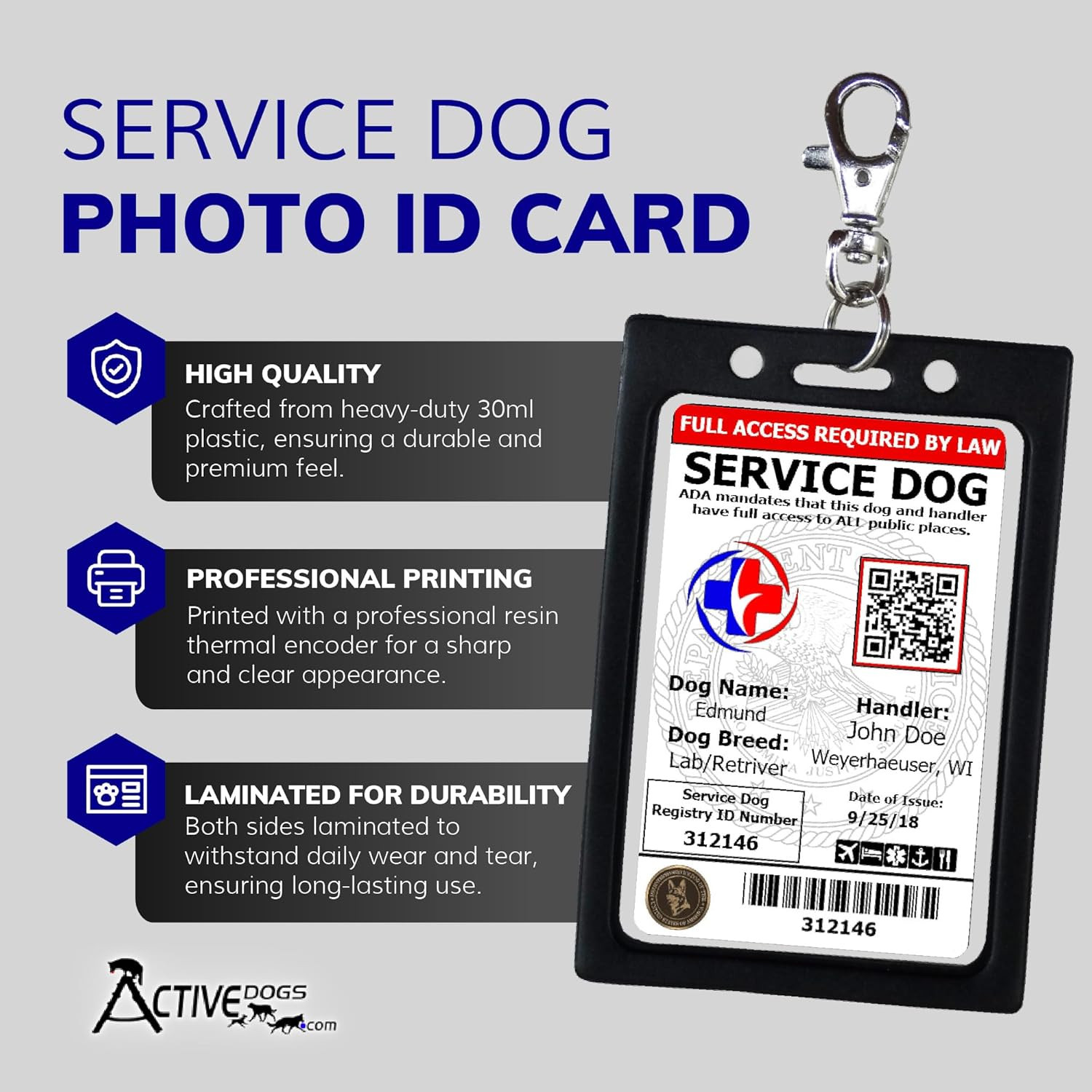 Registered Service Dog & Handler Laminated ID Card at Active Dogs