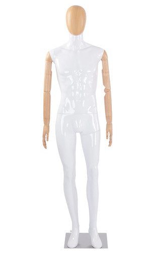 Glossy White Male Plastic Mannequin Wood Arms & Head Posable Arms
