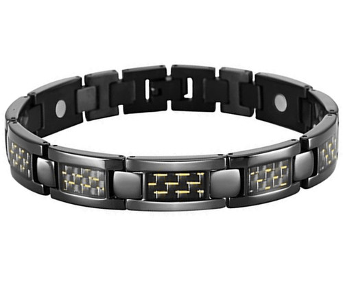 Ships Free 8.5 inch Length Mens Black Titanium Magnetic Bracelet with Black and Gold Carbon Fiber INLAY. Wedding Bracelet or Gift for Men