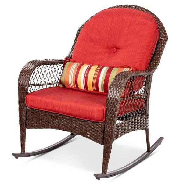 Outdoor Patio Brown Wicker Rocking Chair with Red Cushions and Accent ...