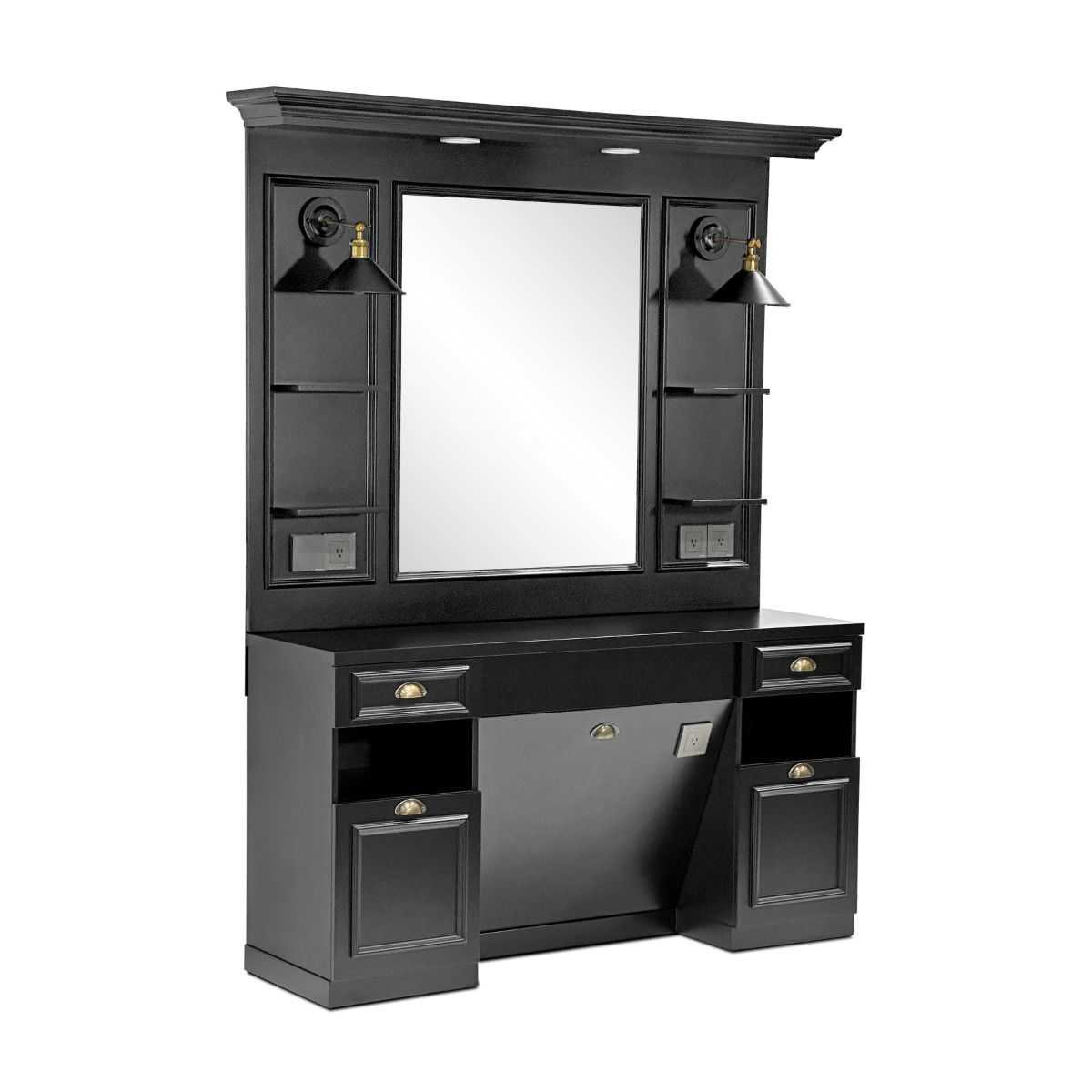 BENJAMIN Black Barber Station + Built-In Lighting & Gold Accents | Aria ...