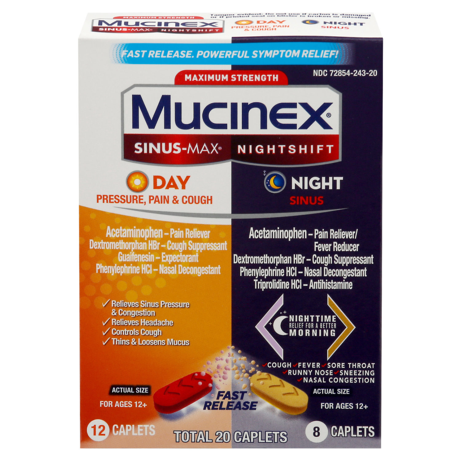 Mucinex Sinus-Max Max Strength Sinus & Cold Medicine, Day & Night ...