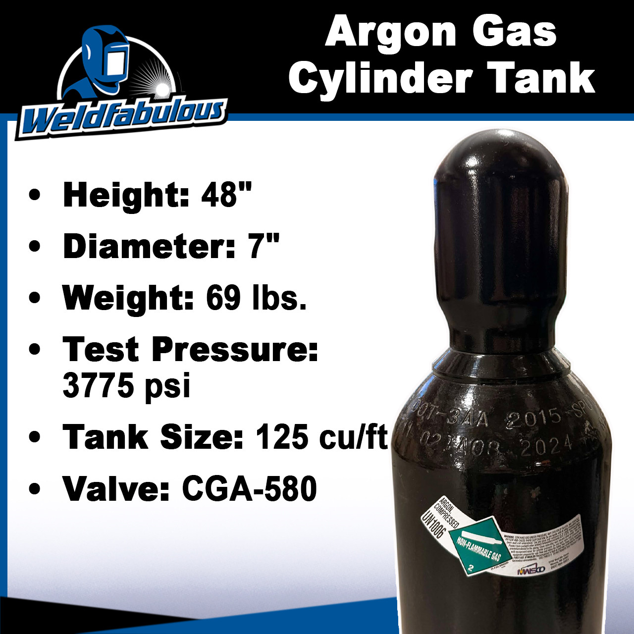 125 cu/ft 100% Argon Tank Welding Gas Cylinder CGA 580 - FULL