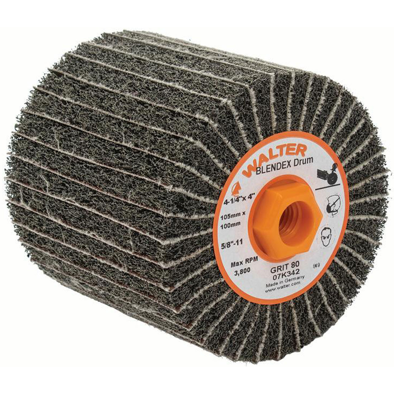 Walter 07K342 4-1/4x4x5/8-11 Two-In-One Drum Line-Mate Linear Finishing Drum Satin Finish 80 Grit