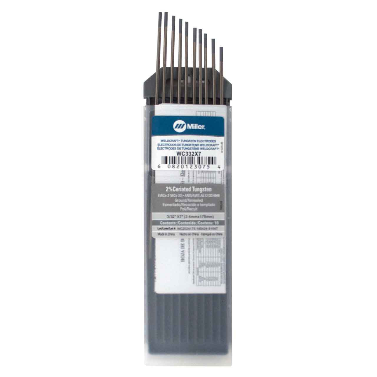 Miller Weldcraft WC332X7 2% Ceriated Tungsten Electrode 3/32" X 7", 10 pack
