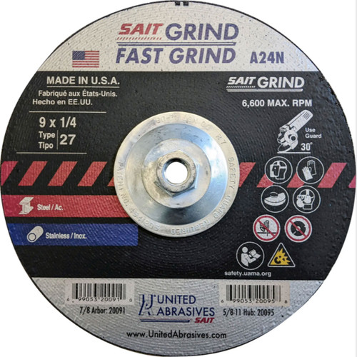 United Abrasives SAIT 20095 9x1/4x5/8-11 A24N Fast Grinding Metal ...
