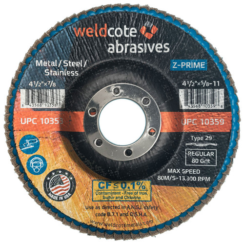Weldcote 10353 4-1/2" x 7/8" Z-PRIME Flap Discs, Zirconia, Z-80, Type ...