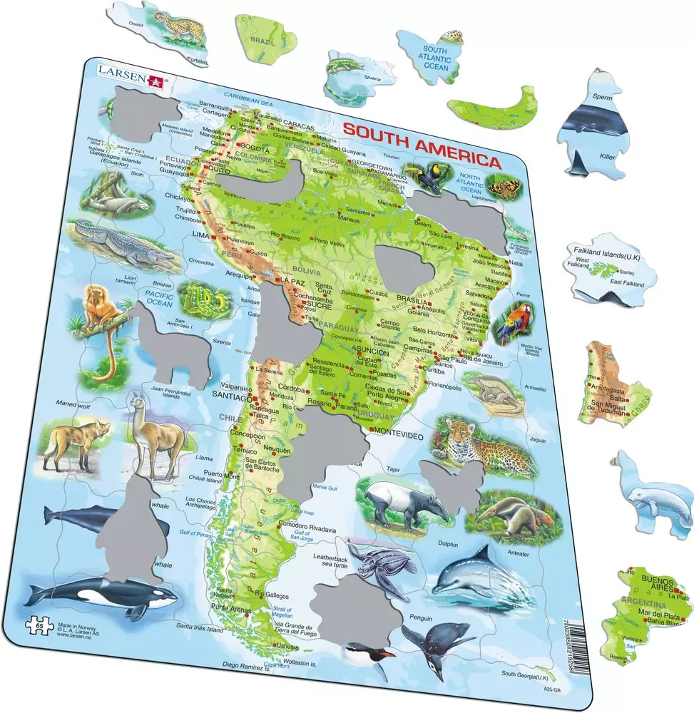 South America Map with Animals Educational 65 Piece Jigsaw Puzzle